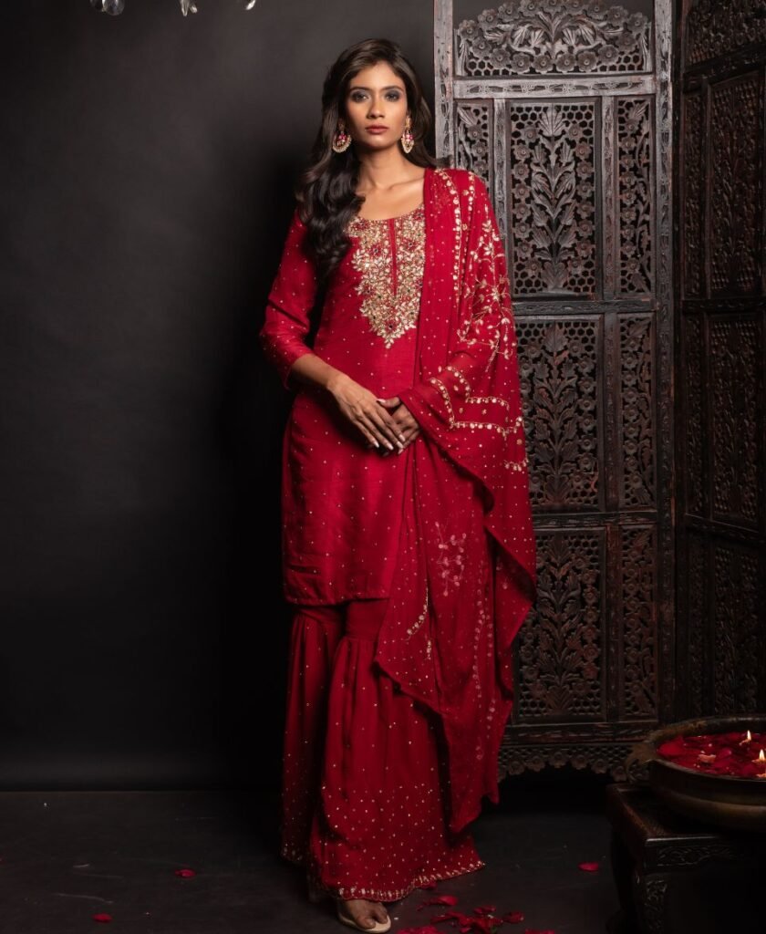 Women's Maroon Blood Red Dola Silk & Chinnon Sharara Set - Designer Merge
