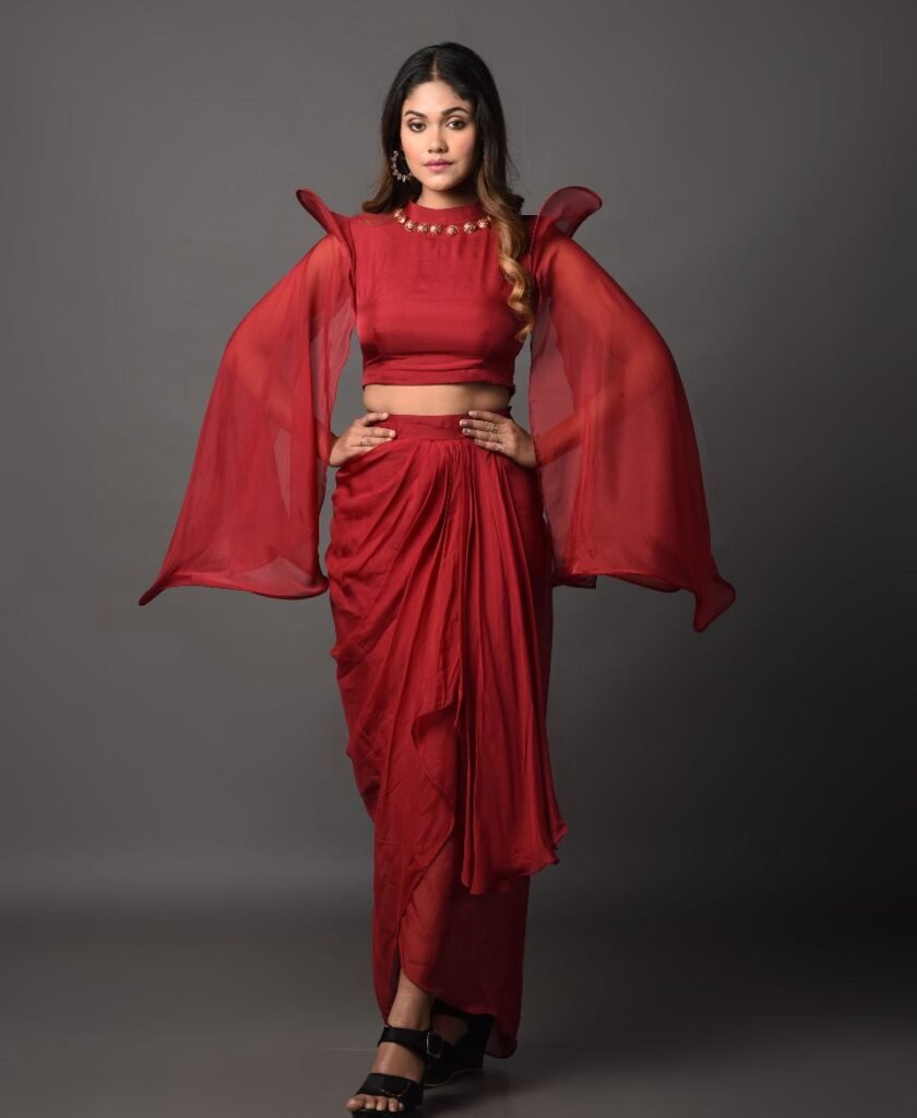 Women's Royal Maroon Organza Drape Skirt & Blouse Set - Designer Merge