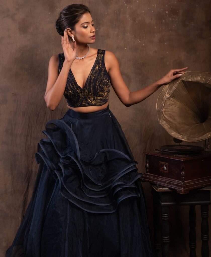Women's Midnight Blue Organza and Lycra Skirt & Blouse Set - Designer Merge
